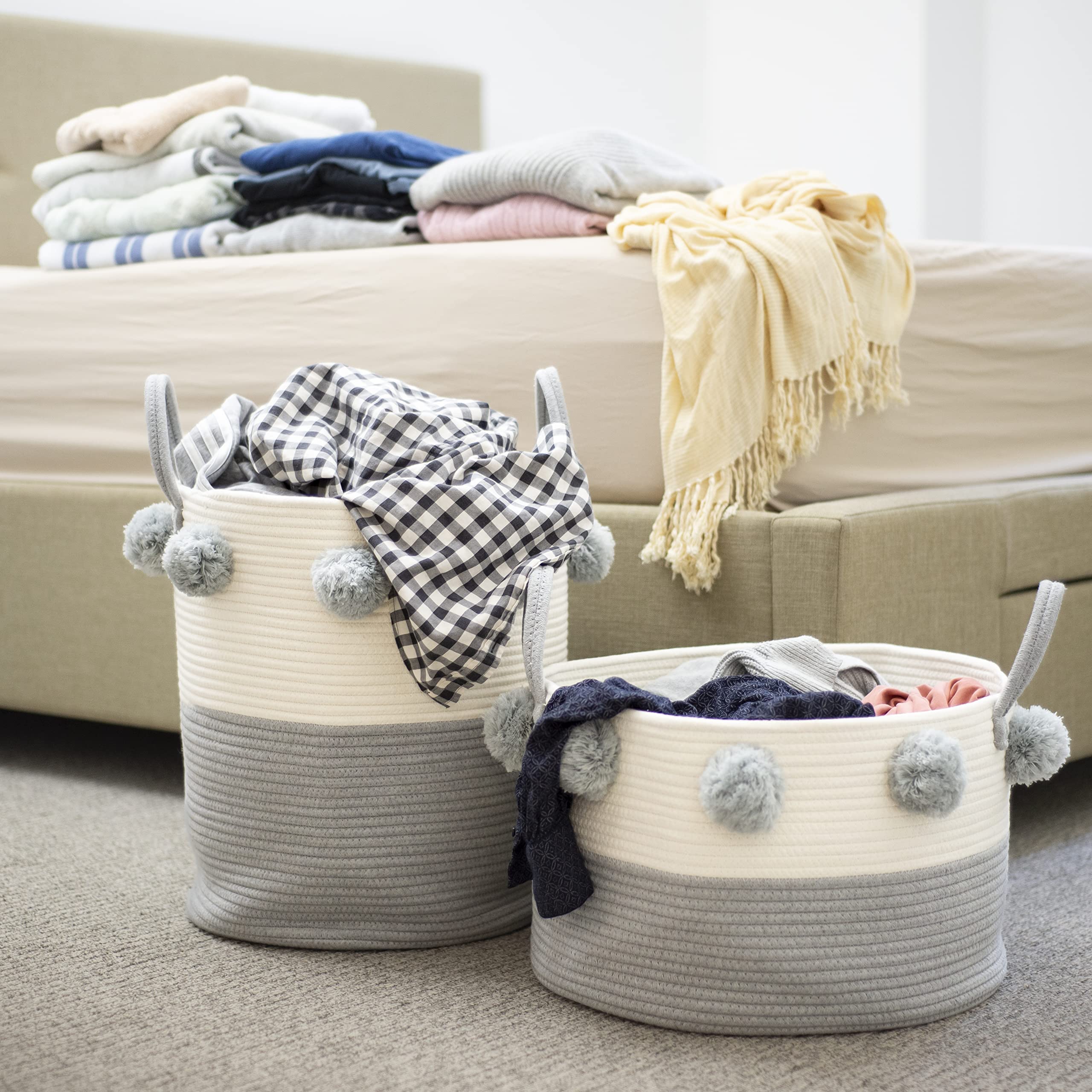 CACTUS & BERRY Pom-Pom Cotton Woven Basket, Laundry Hamper, Toy Storage for Nursery, Decorative Bin with Handles for Living Room Home Decor (17.3βx10.6β)