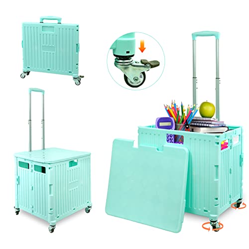 Foldable Utility Cart,Heavy Duty 4 Wheels Rolling Carts,Collapsible Crate Shopping Cart with Wheels Rolling Tote Basket Teacher Cart with Lid,Travel Shopping Moving Storage Office Use(Green)