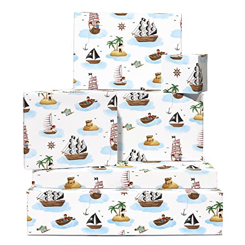 CENTRAL 23 Boy Wrapping Paper - 6 Sheets Gift Wrap - Pirates Ship Island Adventure Sea - Birthday Wrapping Paper For Kids - Comes With Fun Stickers