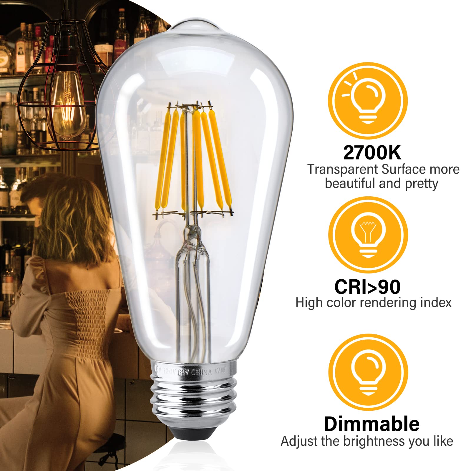 Brightown Edison Bulb, 6 Packs 540 Lumen 6W LED Bulbs 60 Watt Equivalent, Dimmable E26 Vingtage LED Light Bulbs, 2700K Warm White Clear Bulbs