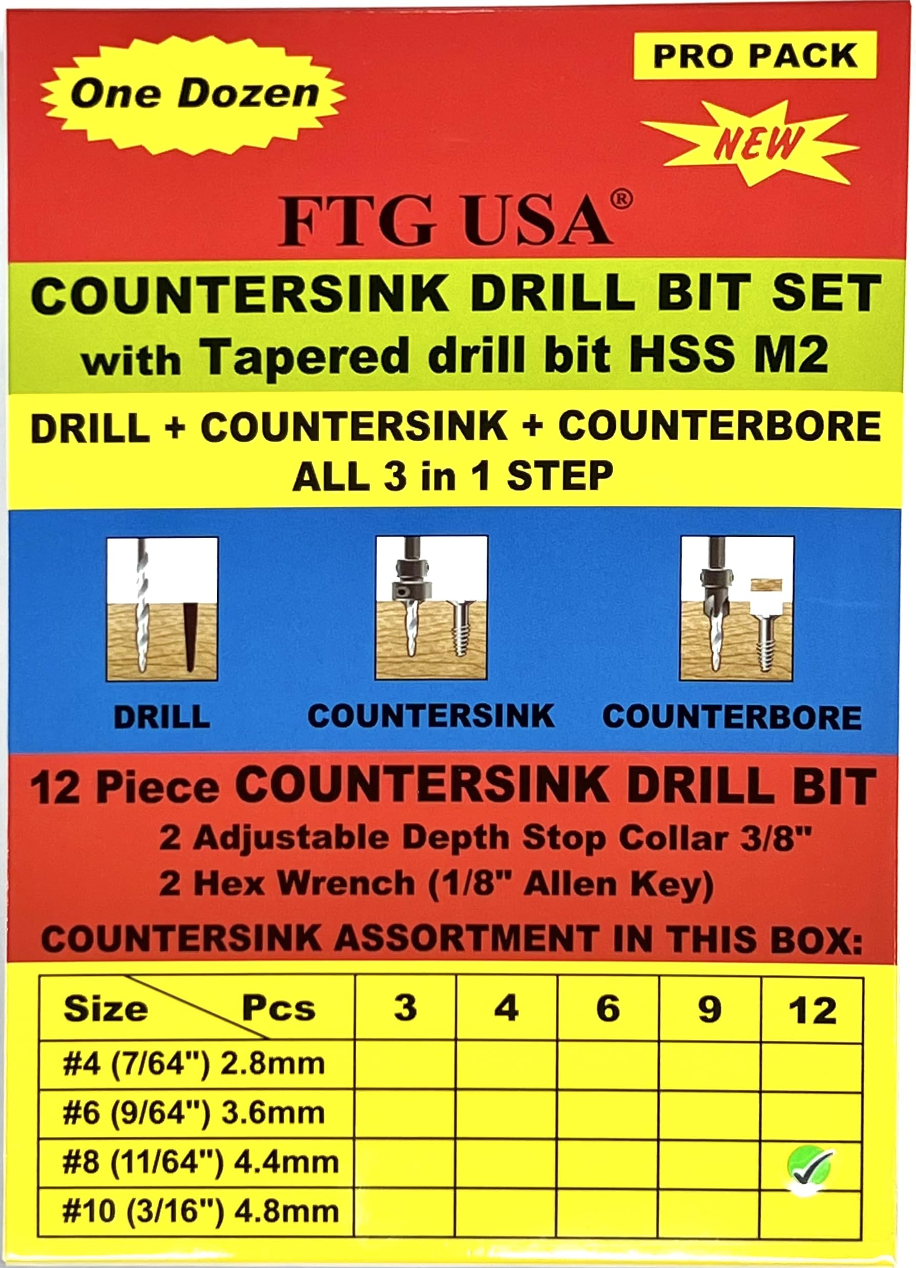 FTG USA Countersink Drill Bit Set for Wood with Tapered Drill Bit 12 Pc #8 (11/64")