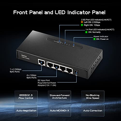 Binardat 5 Port Multi Gigabit Switch, 1 x 2.5 Gigabit and 4 x 1 Gigabit Ethernet RJ-45 Ports, Metal Fanless, Desktop and Wall Mount, Unmanaged Plug & Play Network Switch