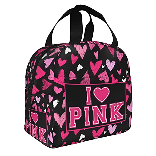 Giwawa I Like Pink Lunch Bag Pink Heart Portable Insulated Lunchbox Waterproof Tote Bento Bag for School Office Camping Picnic