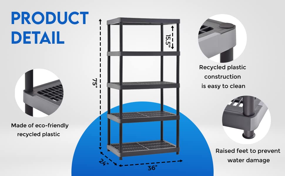 Juggernaut Storage 5-Level Heavy Duty Plastic Shelving System, Black/Gray (RSHD3624-5BG)