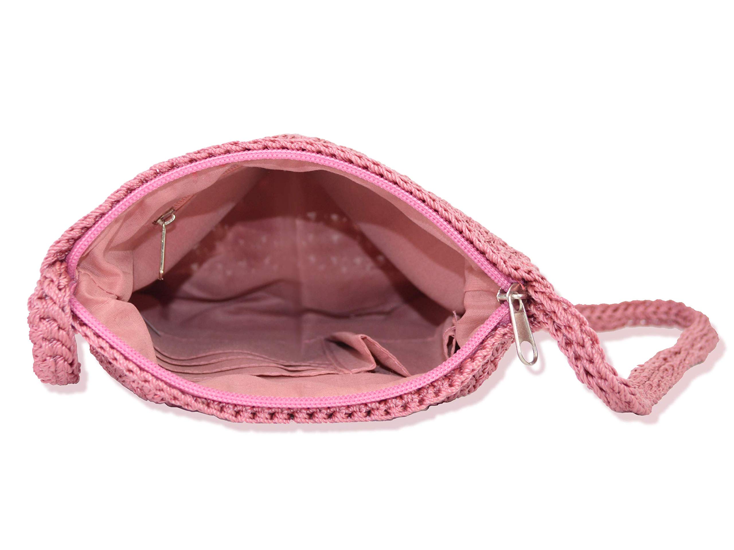 HatQuarters Boho Crochet Crossbody Handbag, Organizer Sling Bag, Small Crocheted Hippie Purse (Rose)