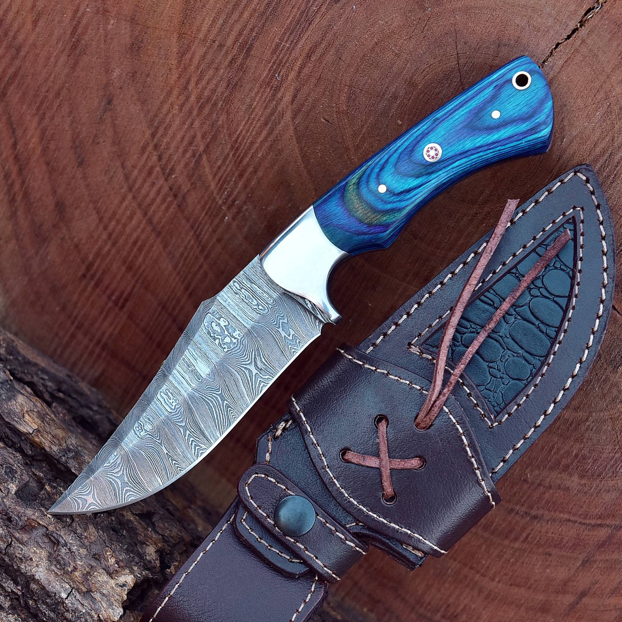 BG Knives 9.25" Overall Length Handmade Damascus Steel Hunting Fixed Blade Skinner Knife With Leather Sheath, Pakkawood Handle BG-133