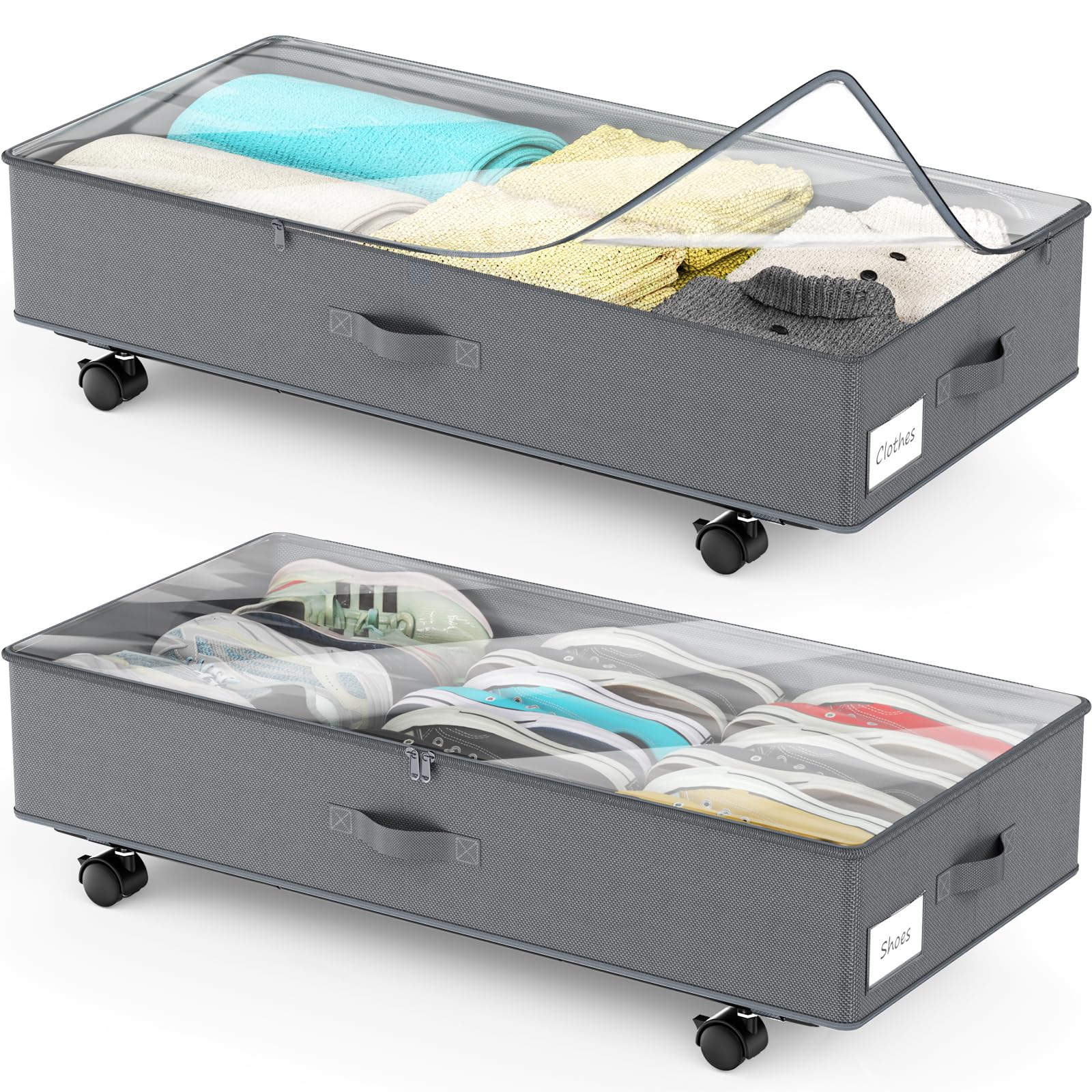 PHINOX Under Bed Storage Containers with Wheels, Under Bed Shoe Storage Bins Organizer with Clear Window Reinforced Handles, Large Underbed Storage Drawer for Clothes, Blankets, Sheet, Bedroom-2 Pack