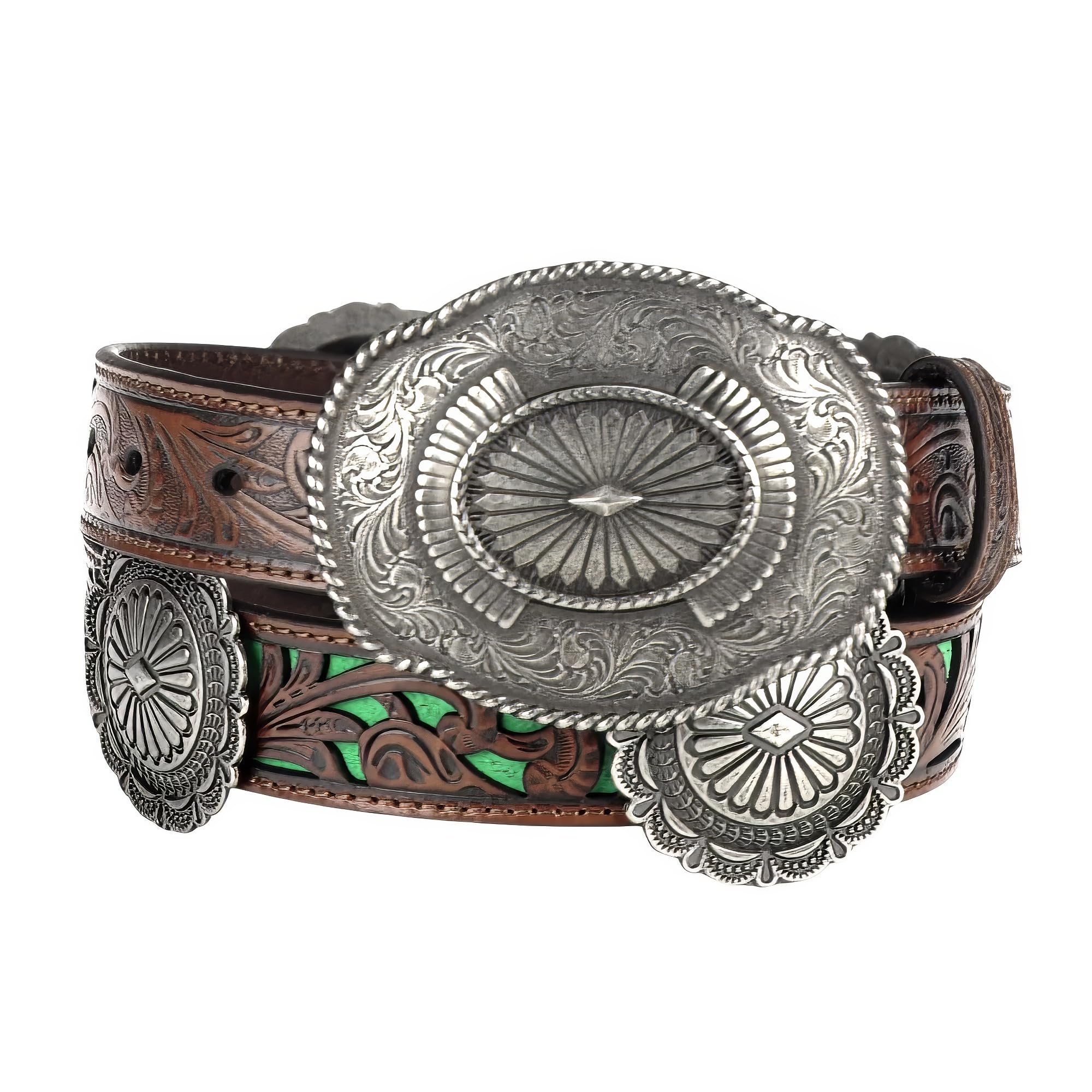 ARIAT Women's Western Belt, Turquoise with Tan Floral Embossed Strap, Silver Conchos, 1-1/4" Width, X-Large (42" Waist)
