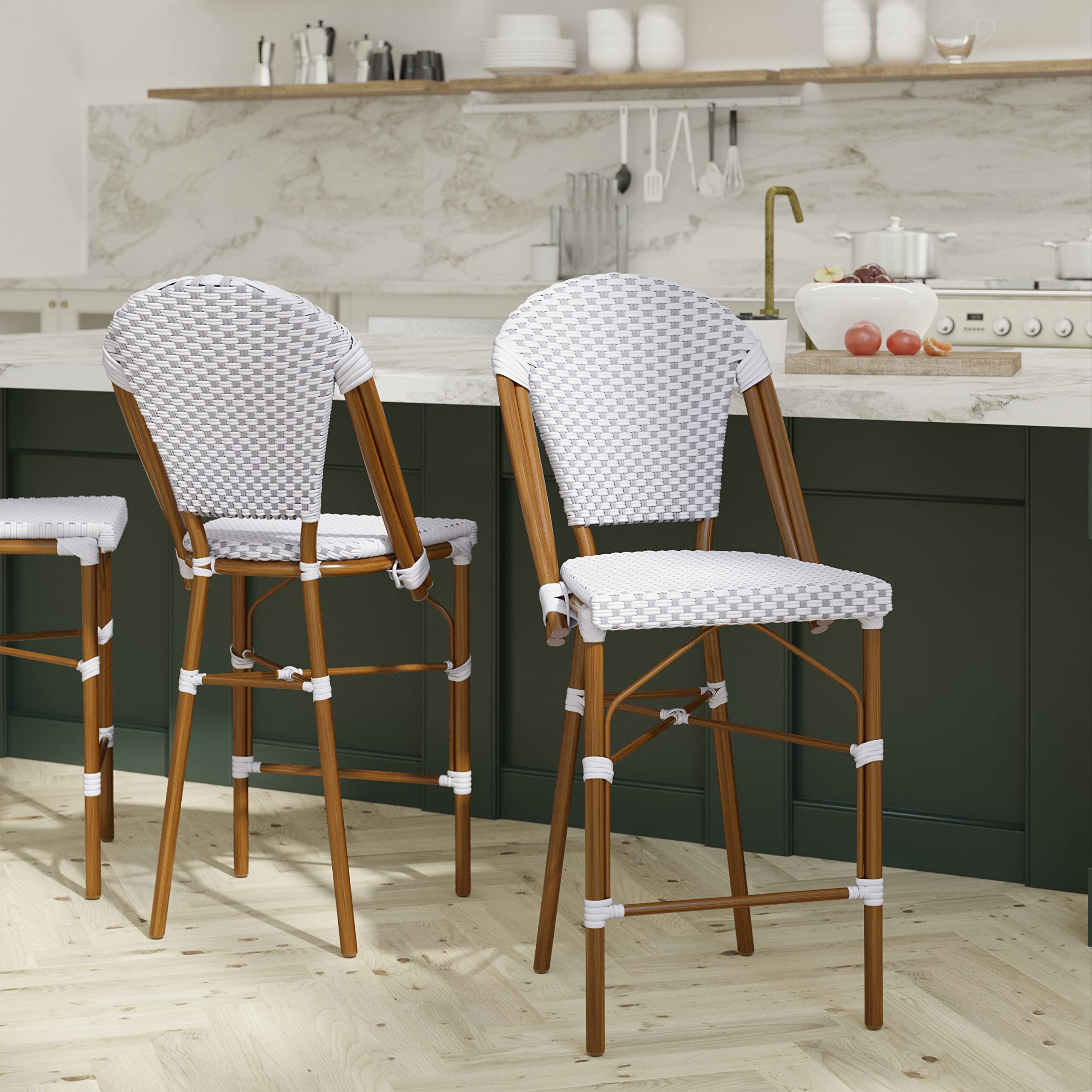EMMA + OLIVER Colmar Bistro Counter Stool - Stacking Indoor/Outdoor PE Rattan Bar Stool with Bamboo Finish Frame - 26" High - Set of Two - Gray/White