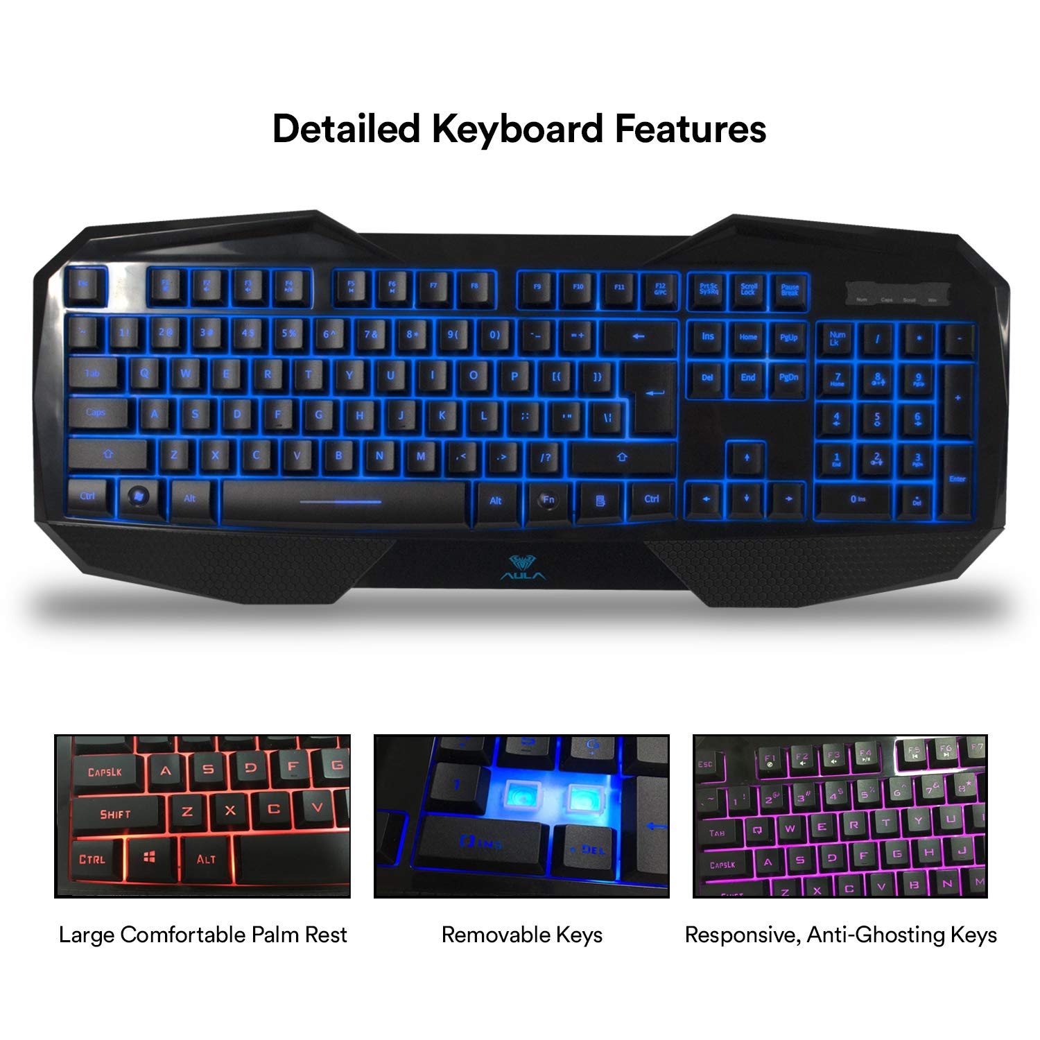 Backlit Gaming Keyboard, Aula Illuminated Keyboard with Adjustable LED Backlight 104 Key and Wrist Rest for Gaming, Office
