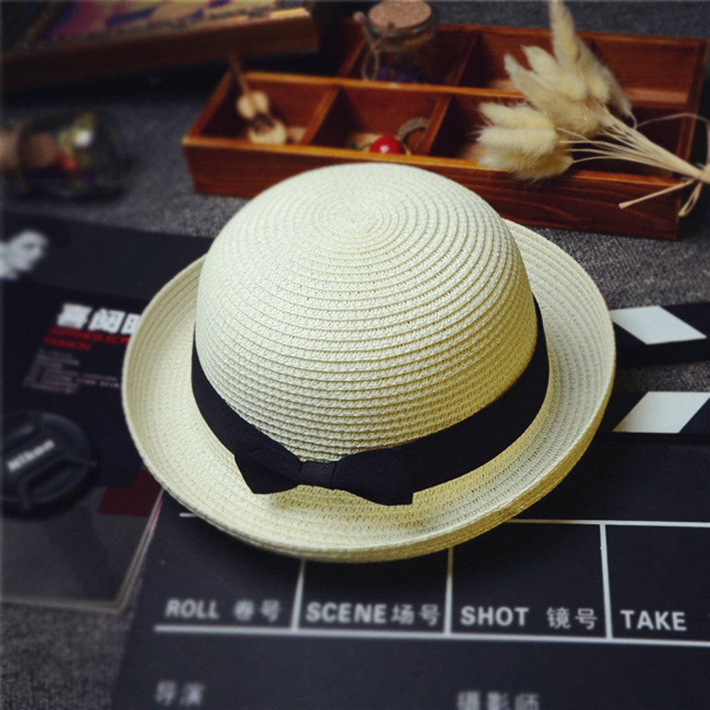 BinaryABC Summer Straw Hats,Sun Hat,Bowler Hat,Beach Cap for Women(Head Circumference 57cm) Beige