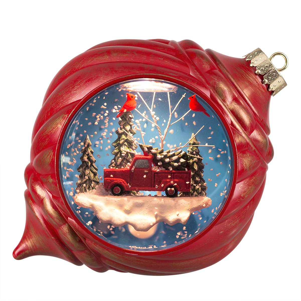 Haute Decor Snowburst 5.5 Inch Battery Operated LED Vintage Truck and Cardinals Snow Scene Christmas Ornament Snow Globe with Built in Timer Function
