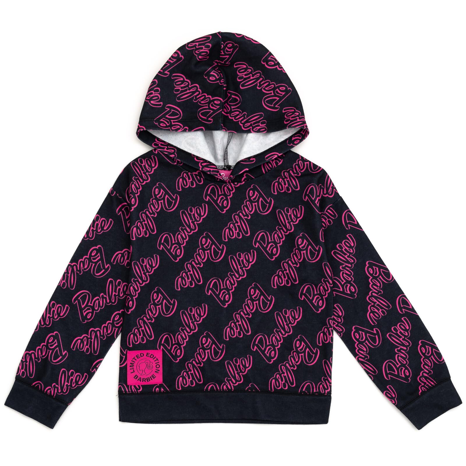 Barbie Big Girls Fleece Pullover Hoodie Logo Black 10-12