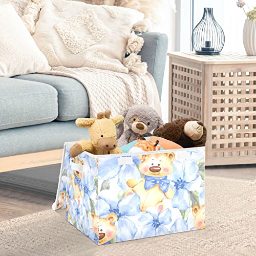 RunningBear Blue Flowers Teddy Bear Large Storage Bins with Lid Collapsible Storage Bin Dog Toy Storage Bin Fabric Storage Baskets for Closet Nursery Cabinet Living Room