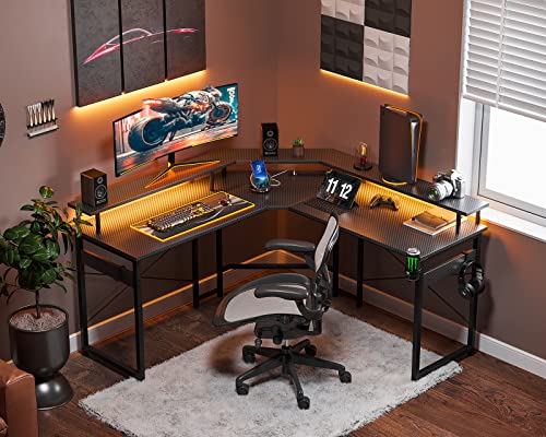 ODK L Shaped Gaming Desk with LED Lights & Power Outlets, 51" Computer Desk with Full Monitor Stand, Corner Desk with Cup Holder, Gaming Table with Hooks, Black Carbon Fiber