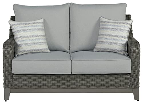 Signature Design by Ashley Outdoor Elite Park Patio Wicker Loveseat with Cushion, Gray