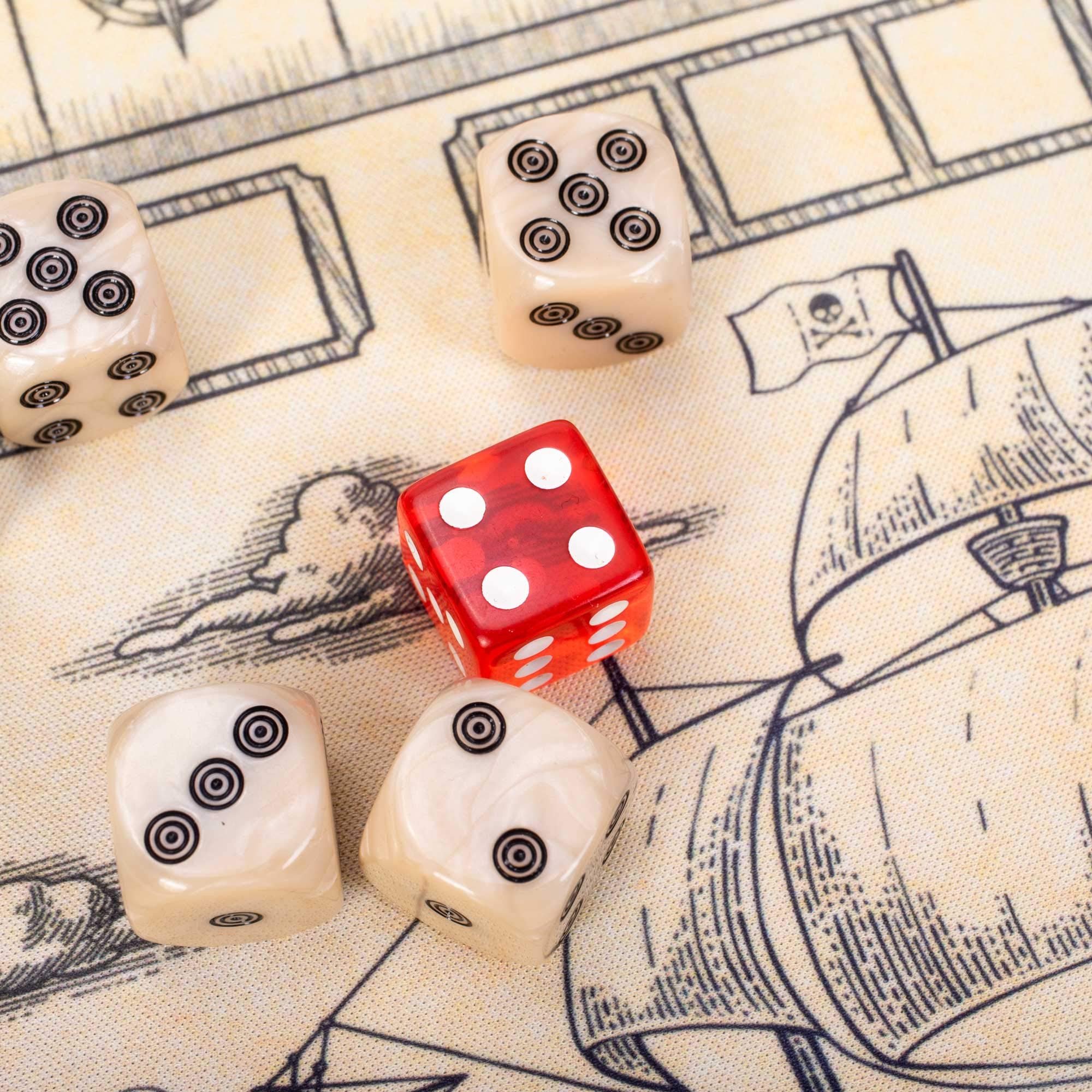 Liar's Dice Game Set - Classic Family Bluffing Game - Treasure Chest Includes Six Professional Bicast Leather Dice Cups, 30 Custom Bullseye D6 Dice, Custom Bidding Die, Pirate Ship Game Mat