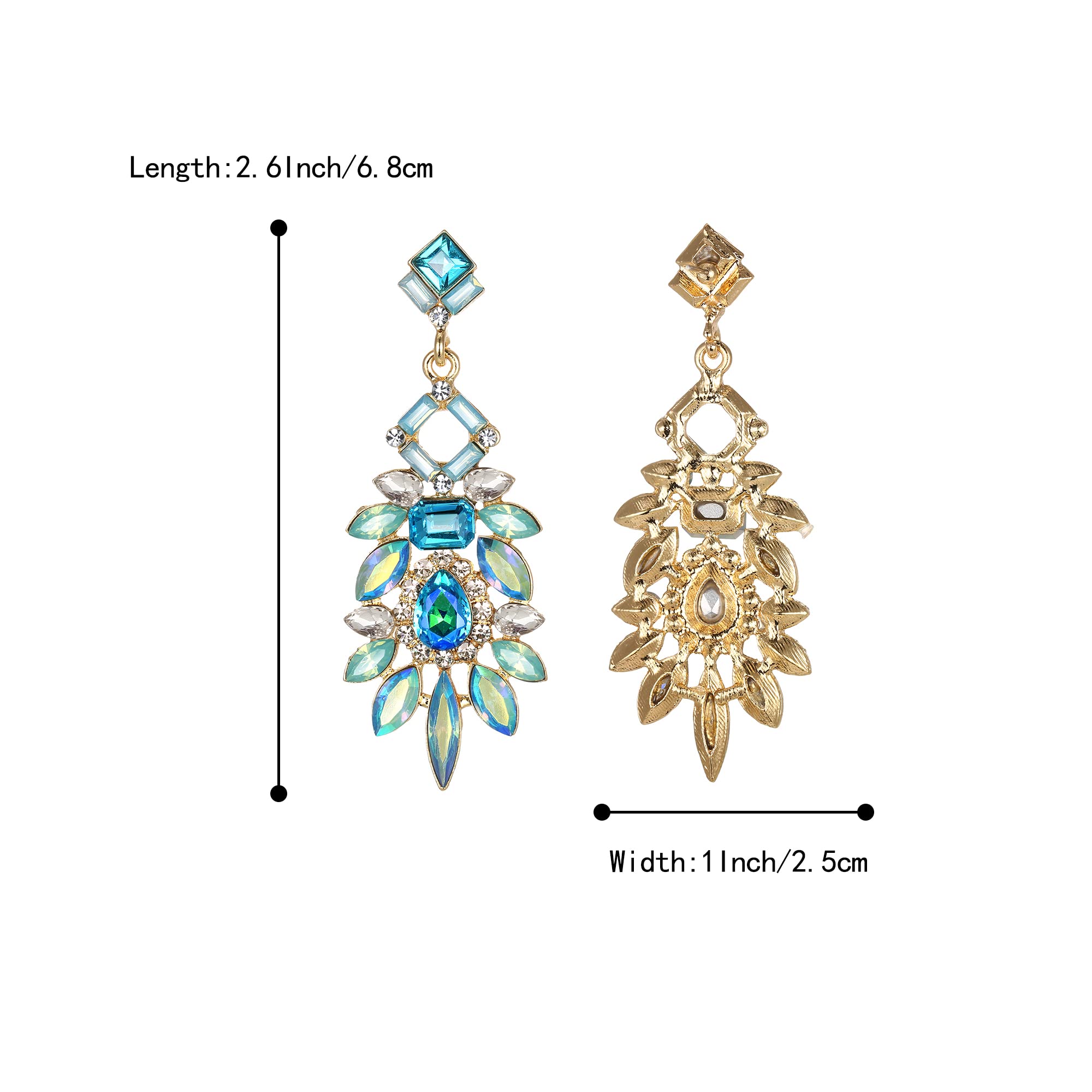 BriLove Art Deco Rhinestone Marquise Emerald Cut Rectangle Geometric Statement Earrings for Women Iridescent Blue Gold-tone
