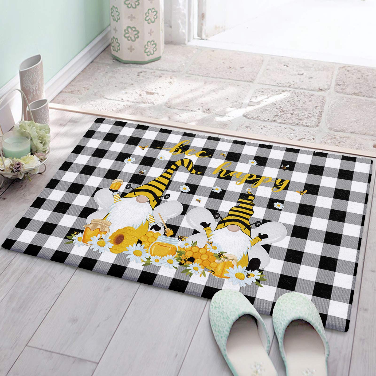 Bathroom Rugs Cute Bee Gnomes Honey Flowers on Black White Buffalo Plaid Indoor Doormat Bath Rugs Non Slip, Washable Cover Floor Rug Absorbent Carpets Floor Mat Home Decor for Kitchen (16x24)