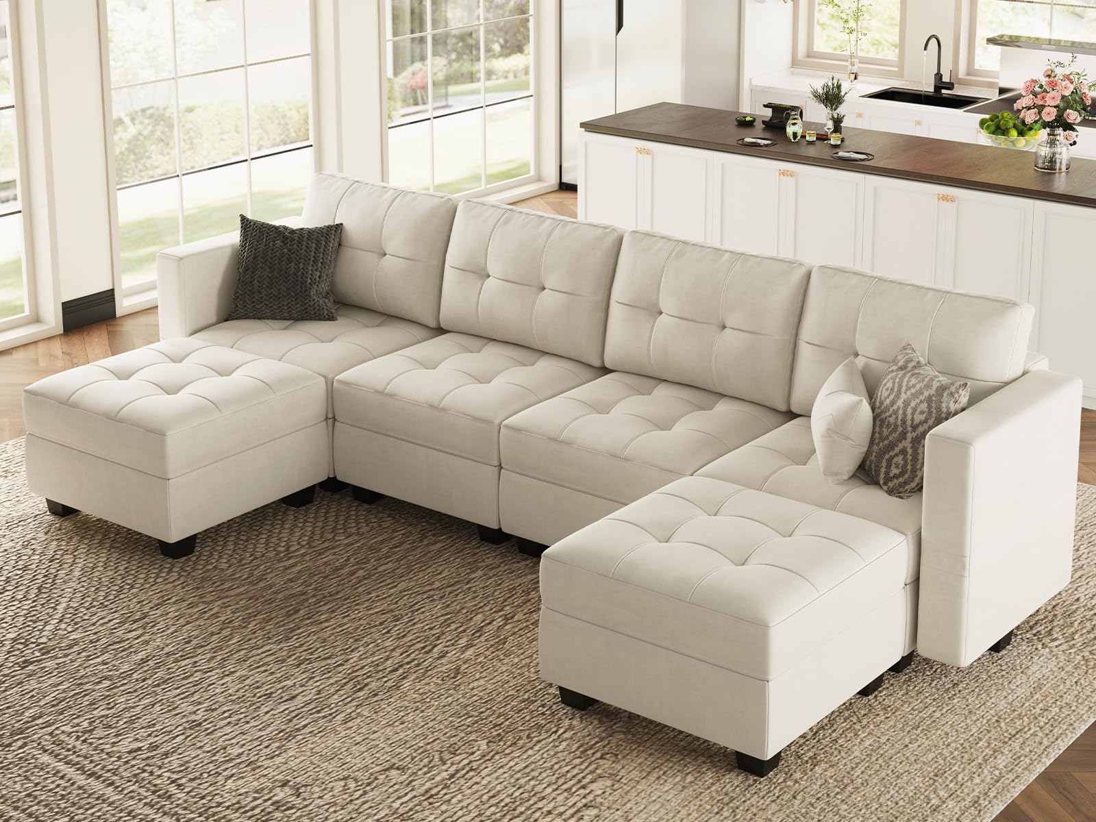 Belffin U-Shaped Modular Sectional Sofa, Modular Couch with Storage Seats, 6 Seat Convertible Sofa with Reversible Chaise, Beige