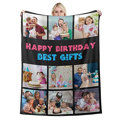Custom Blanket with Photos Blankets 60'' x 80'' Personalized Picture Collage Name Text Bedding Blanket Birthday Christmas Halloween Valentines Gifts for Adults Kids Mom Family Couples Father