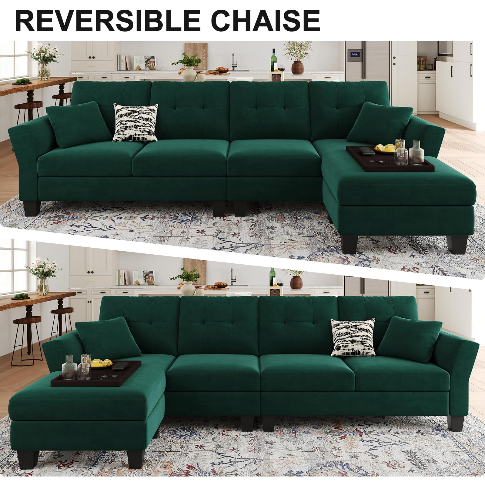 Belffin Velvet Sectional Couch L Shaped Sofa 4 Seater Sofa with Chaise L-Shaped Couches Convertible Sectional Sofa Black