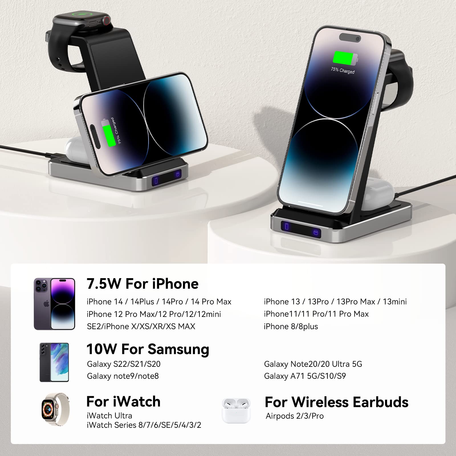 AZHWIN Charging Station for iPhone Multiple Devices - 3 in 1 Fast Wireless Charger Dock Stand for iPhone 14 13 12 11 Pro X Max XS XR 8 7 Plus Apple Watch Series 7 6 SE 5 4 3 2 & Airpods with Adapter