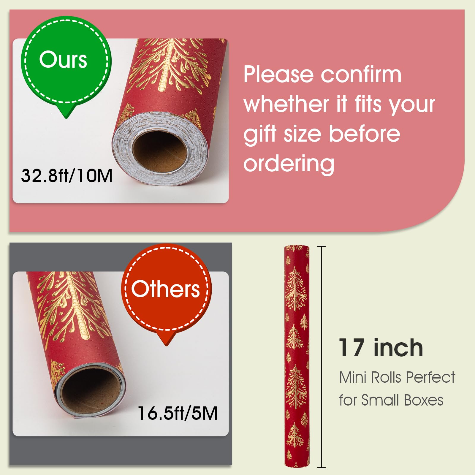 Flyhill Kraft Christmas Wrapping Paper-17inch*32.8ft(46.8sq.ft.ttl Per Roll- Red and Gold 3D Embossed Foil Christmas Trees Design for New Year,Birthday,Party,Craft & Art