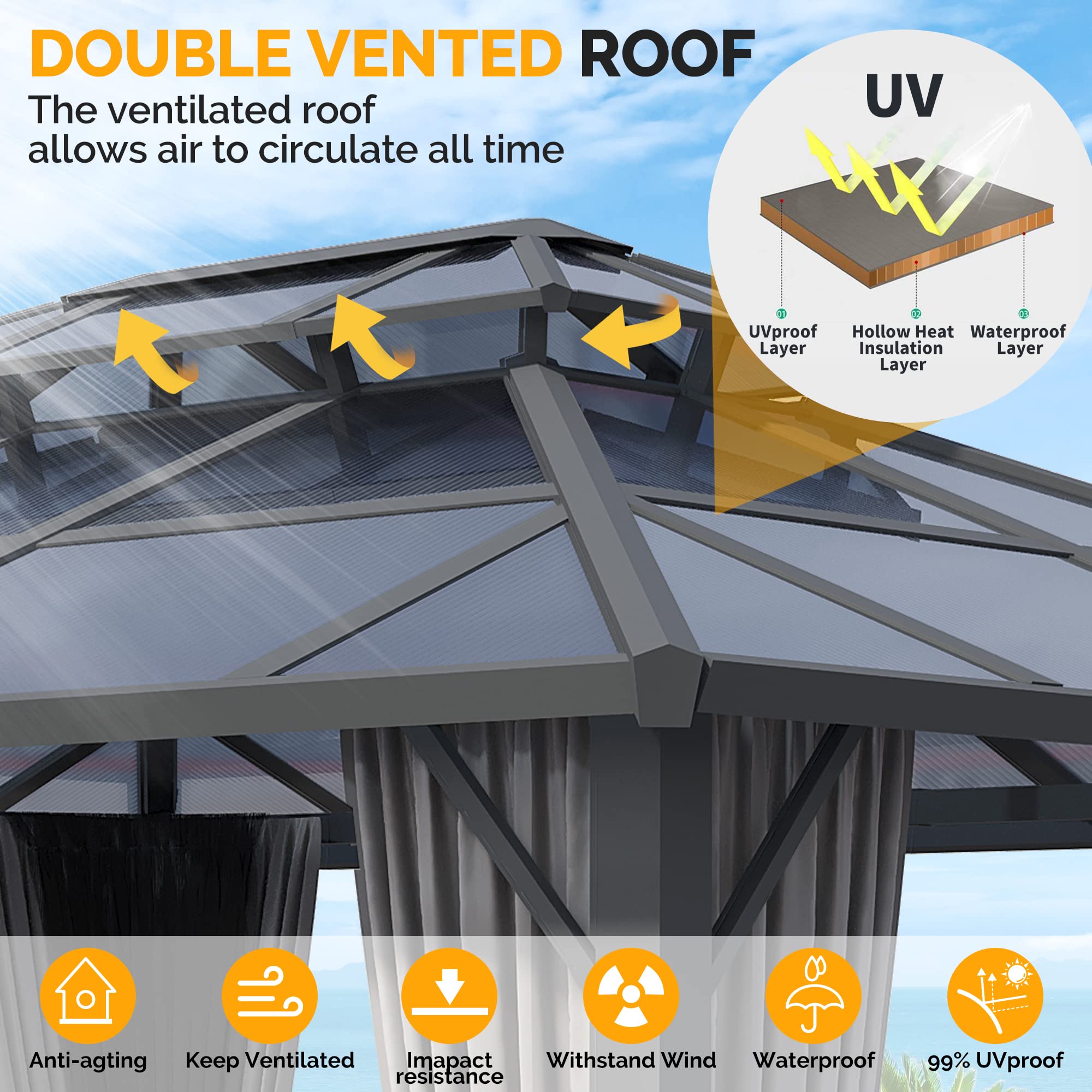 BACKYADOOR 10'x 12' Hardtop Gazebo, Outdoor Gazebo with Aluminum Frame, Double Roof Polycarbonate Gazebo with Netting and Curtains for Patio, Deck, Backyard (Gray)