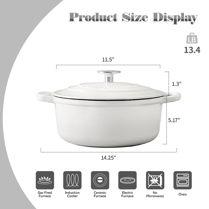 EDGING CASTING Cast Iron Dutch Oven With Lid Round Pot Enameled Covered, 7 Quart, White