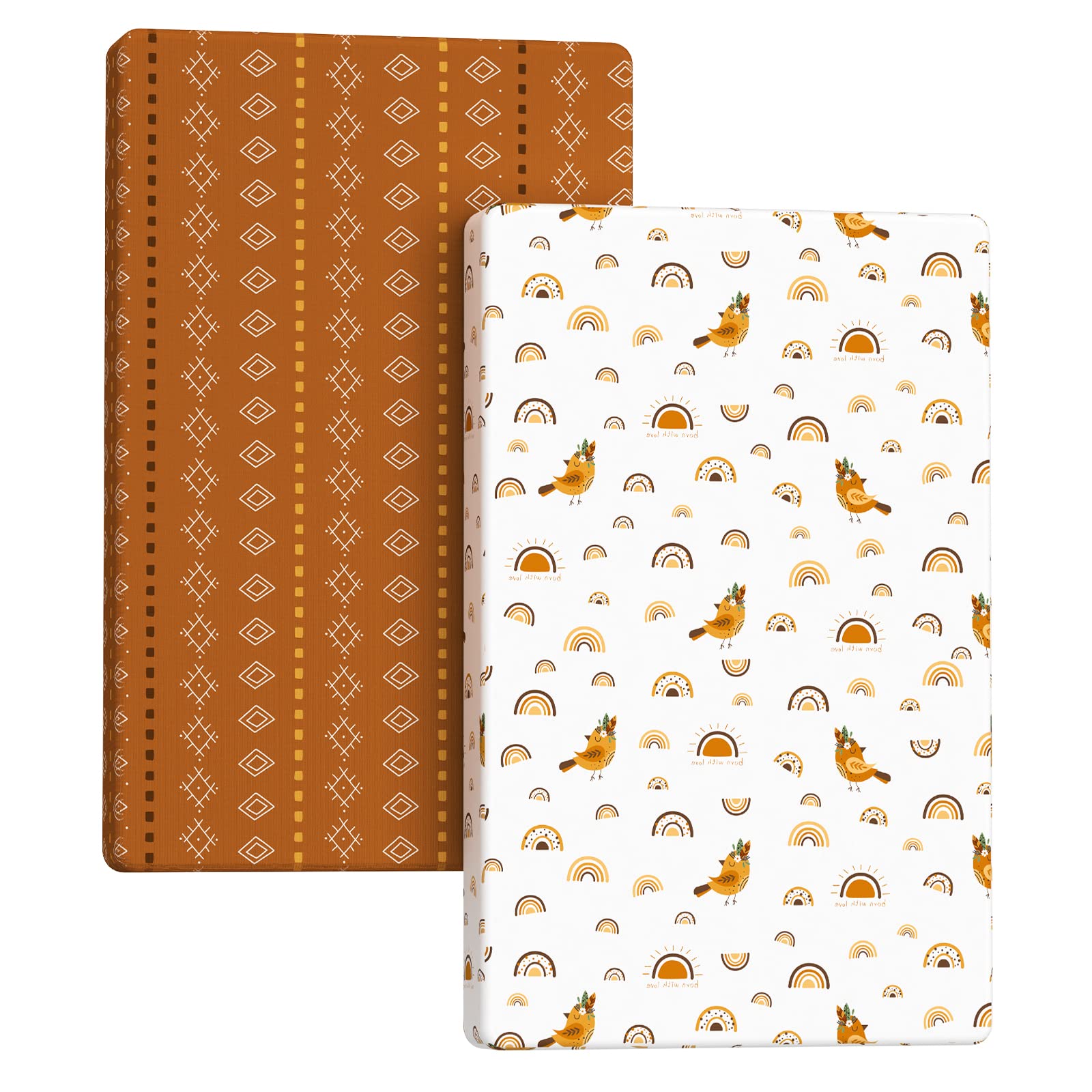 besrey Pack N Play Sheets, Premium Stretch Fitted Portable Mini Cribs Playards Sheets, Ultra Soft Breathable Jersey Knit Cotton Blend, 2 Pack with Storage Bag for Baby Girl& Boy(Boho Rainbow Birds)