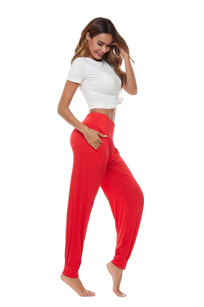 AvaCostume Women's Loose Yoga Harem Workout pants with Pockets Red S