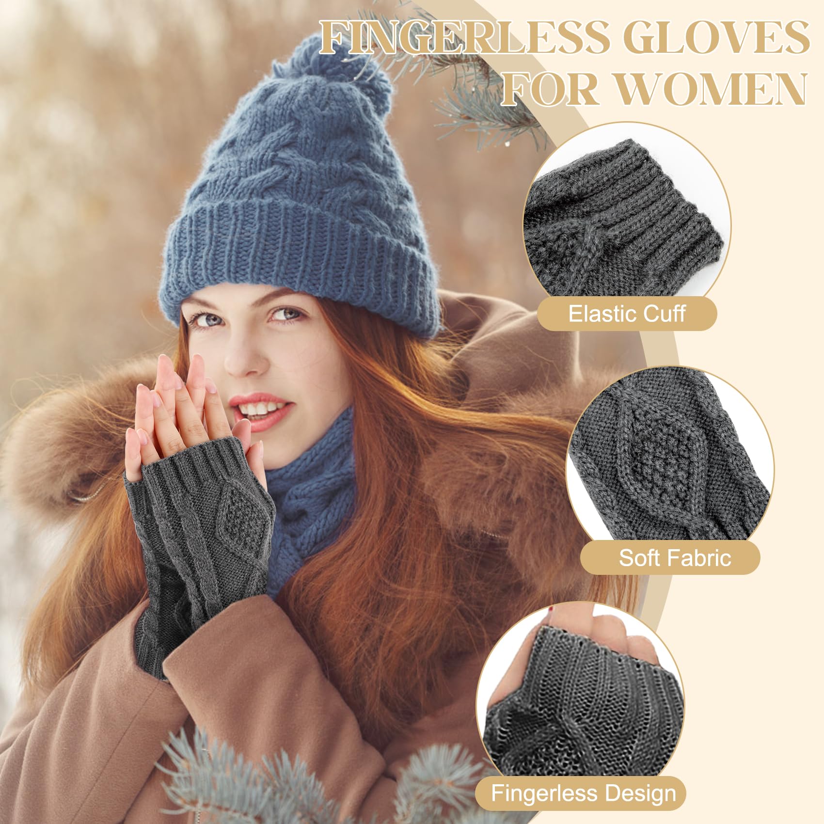 Justay Women Winter Warm Knit Fingerless Gloves Hand Crochet Thumbhole Arm Warmers Mittens