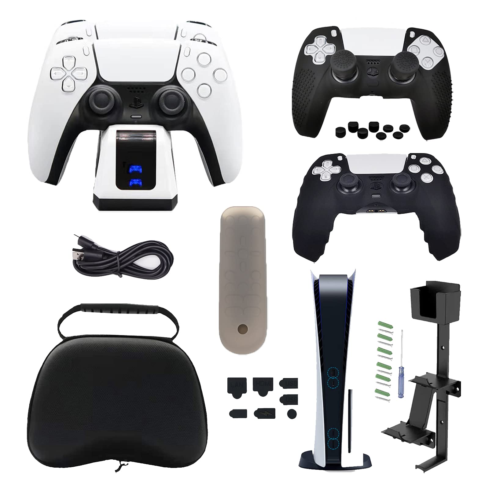 Bibolic PS5 Accessorys Kit - Bundle Accessories for Playstation 5, Controller Charger, Carrying Case, Silicone Case, Thumb Caps, Dust Plugs, Wall Mount Holder Set and More(21 in 1)