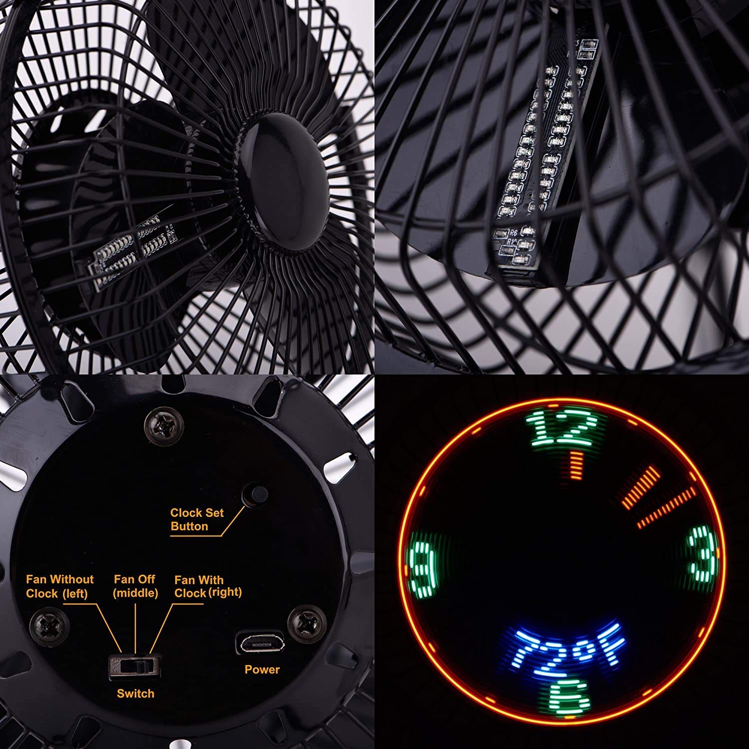 Lichamp Small Desk Fan with Clock and Temperature Display, 7 Inch Metal Frame USB Powered Flashing LED Display Electric Little Personal Cooling Fan, Quiet Table Fan with 5 Feet USB Cable