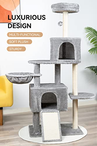 Hawsaiy Multi Level 58 inch Cat Tree Tower for Indoor Cat Kitten Furniture Condo Activity Center Play House with Scratching Sisal Posts Pad,Hammock,Ladder Beige (58", Grey)