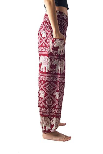 B BANGKOK PANTS Harem Pants Women Boho Clothes with Pocket (Red Elephant, One Size)