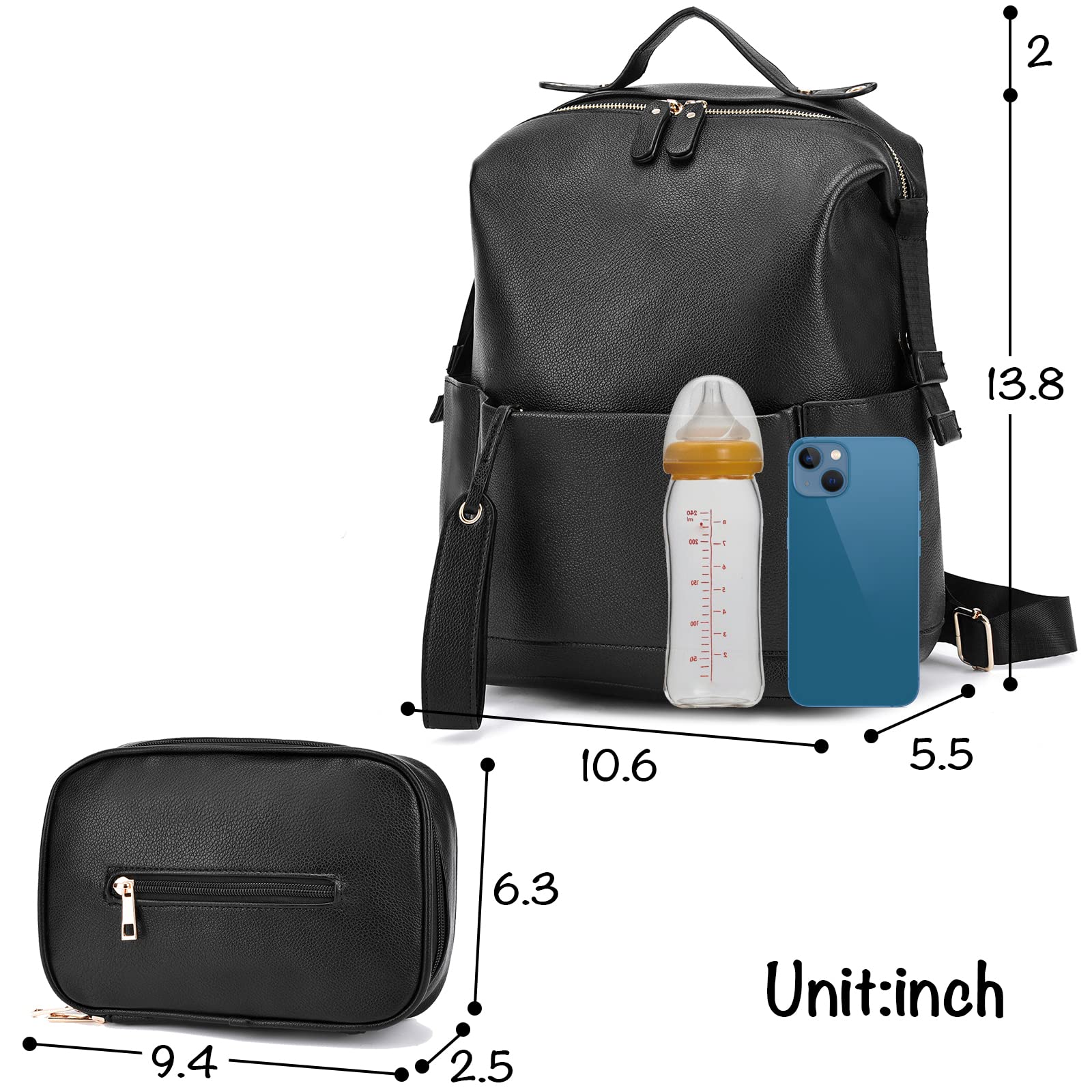 Diaper Bag Backpack for Mom Pu Leather Waterproof Multifunctional Large Capacity Travel Baby Bag with Changing Pad for Boy Girl Stroller Straps 2pcs White