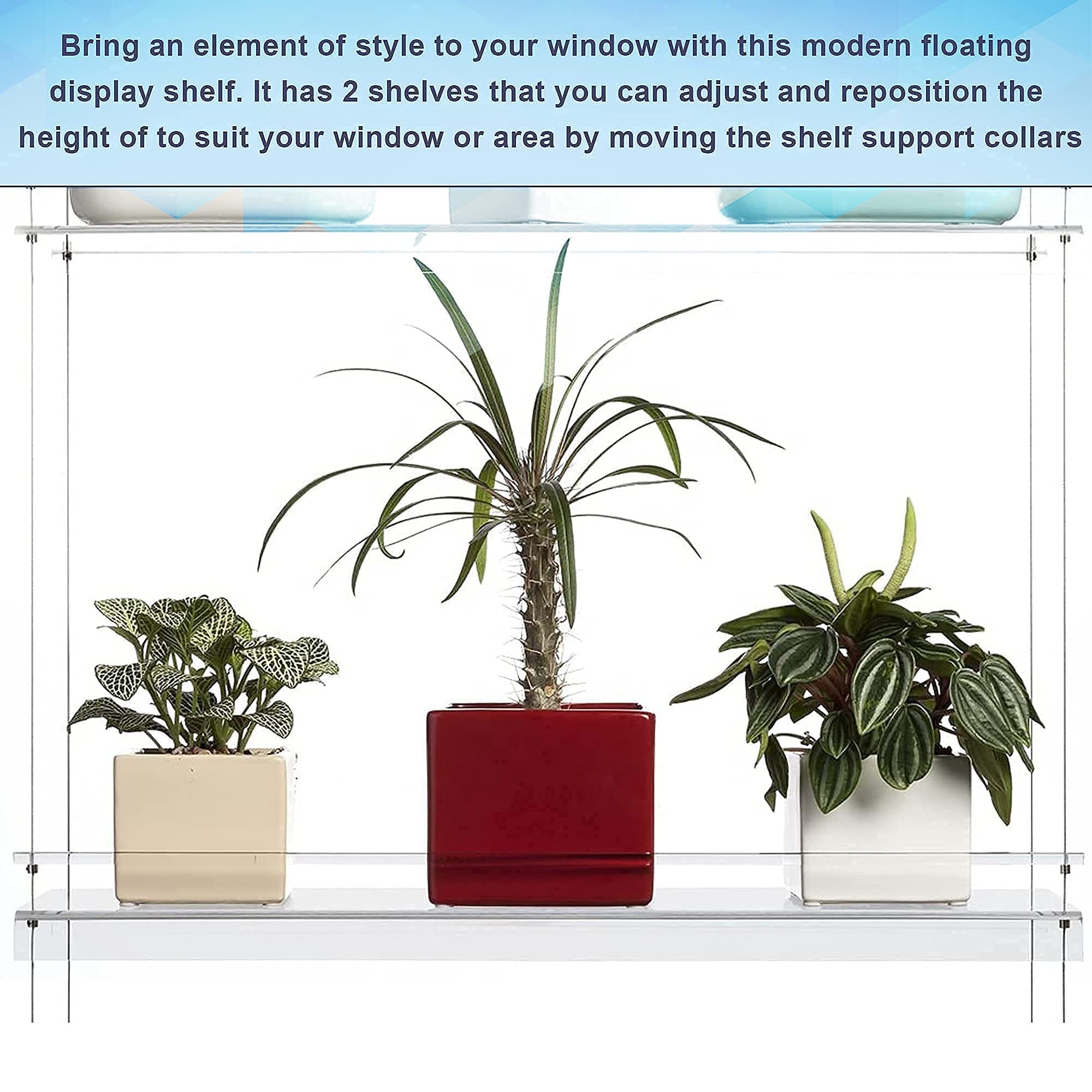 Generic Hanging Window Plant Shelf in Clear Acrylic with Bonus Wall Mounted Herb or Flower Pot – 2 Height Adjustable Shelves, Kitchen Window Garden, Indoor Plants, Display Shelf. L20” x H34” x D6”