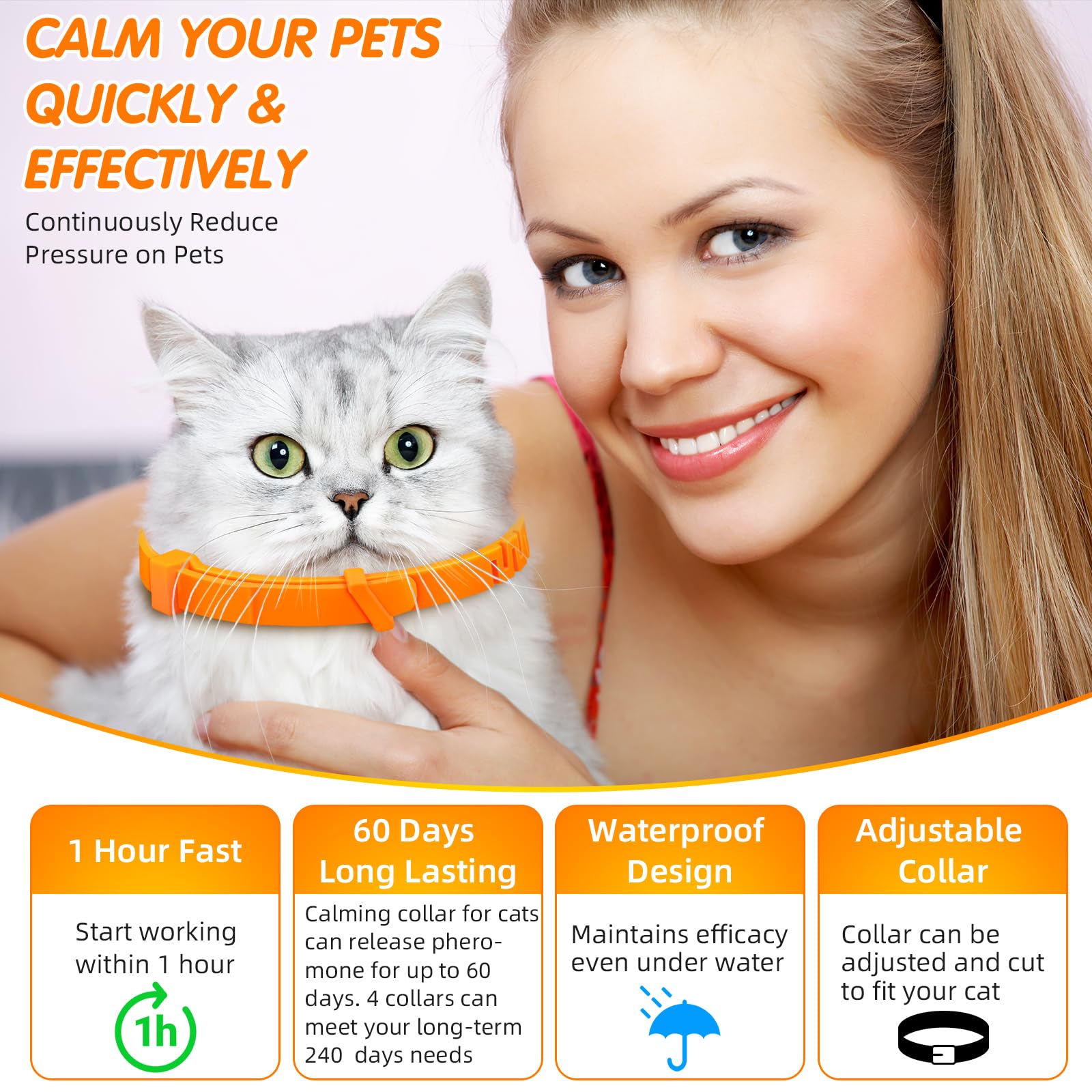 Calming Collar for Cats, Pheromone Collar for Cats, Anxiety Relief for Pets, 60-Day Long Calming Effect, Relief Anxiety Stress Separation - Suitable for Small, Medium, and Large Cats, 4 Pack