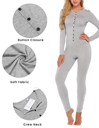 Ekouaer Bandage One Piece Pajama Romper Long Sleeve Jumpsuit Sleepwear For Women,Gray,Medium