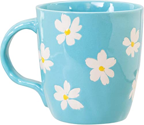 Eccolo Daisies Ceramic Coffee Mug, White and Blue Floral Handpainted Stoneware Tea Cup with Handles is Microwave, Dishwasher Safe, Medium Size Hot Drinking Cup - 16 Oz 473 ML