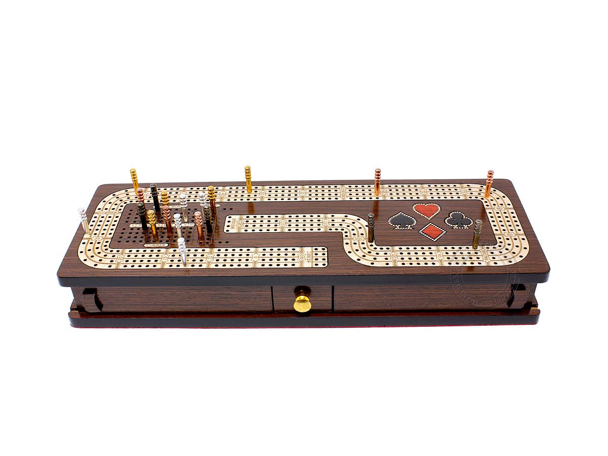 House of Cribbage - Continuous Cribbage Board/Box Inlaid in Wenge Wood/Maple : 4 Track - Cards & Pegs Storage Drawer with Score Marking Fields for Skunks, Corners and Won Games