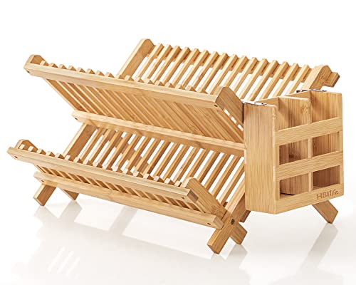 HBlife Bamboo Folding 2-Tier Collapsible Drainer Dish Drying Rack with Utensils Flatware Holder and Dish Plate Bowl Cup Book Pot Lid Cutting Board Drying Rack Stand