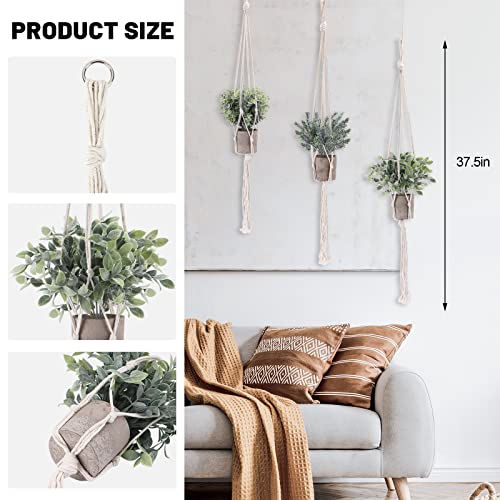 CEWOR Fake Hanging Plants 3 Pack Artificial Plants with 3 Macrame Plant Hangers Mini Potted Fake Plants Faux Plastic Eucalyptus Rosemary Plants for Home Office Bathroom Kitchen Farmhouse Room Decor