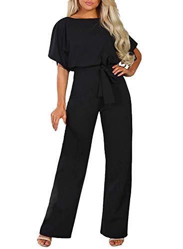Happy Sailed Women Casual Loose Short Sleeve Belted Wide Leg Pant Romper Jumpsuits Medium Black