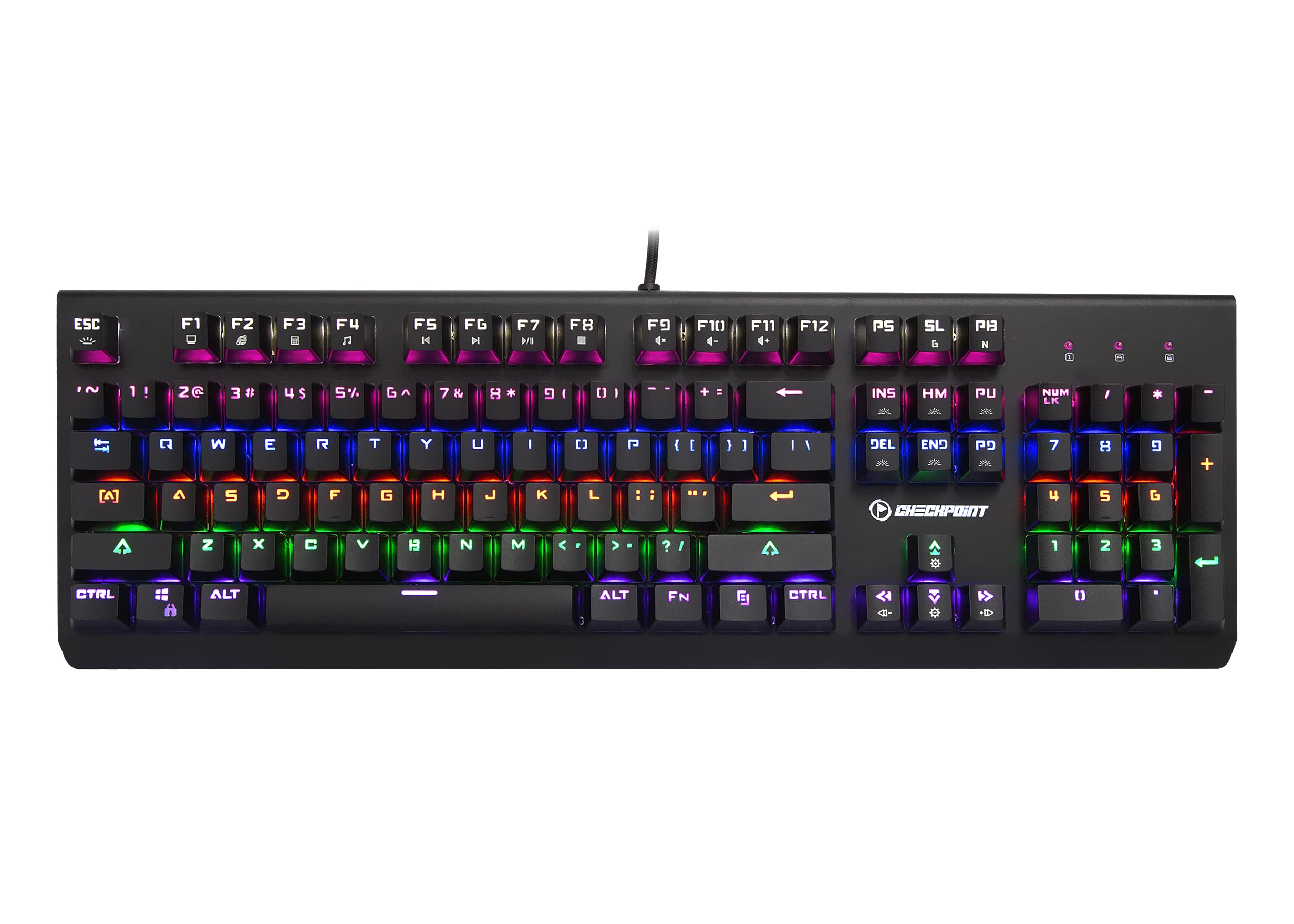 Check Point LED mechanical gaming keyboard for pc, clean and slick aluminum alloy design on The top cover, Rainbow LED lighting, Pluggable Switches, 50 million click lifespan