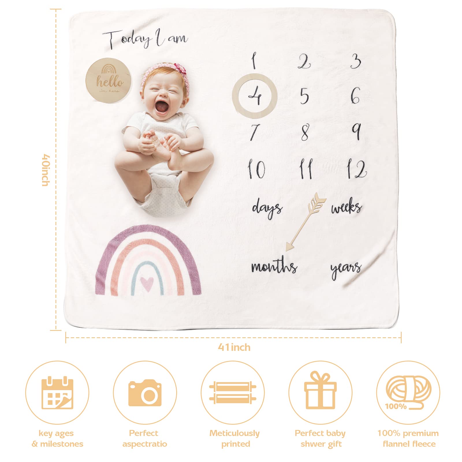ibwaae Baby Thick Flannel Monthly Milestone Blanket Newborn Growth Chart Soft Neutral Photography Background Blanket (40"x41") with Milestone Card Circle Ring Arrow Gift(Rainbow