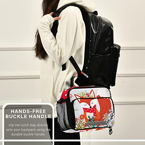 Cute Fox Lunch Box Flower Insulated Lunch Bag Girls Cooler Tote Kids Boys Shoulder Strap Reusable for School Picnic Travel Office