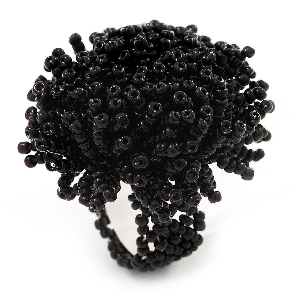 Avalaya Large Black Glass Bead Flower Stretch Ring